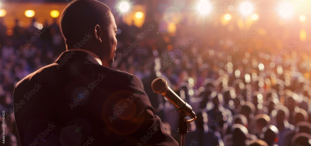 African American man giving a speech to a diverse audience. Speaker ...