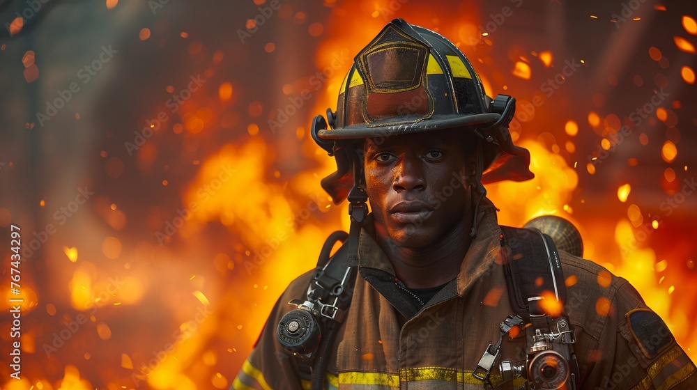 African American man firefighter in front of house fire. Seasoned ...