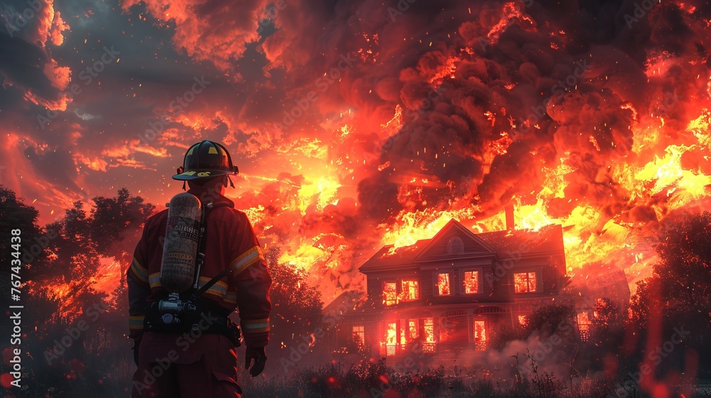 Firefighter walking towards an intense house fire after dark ...