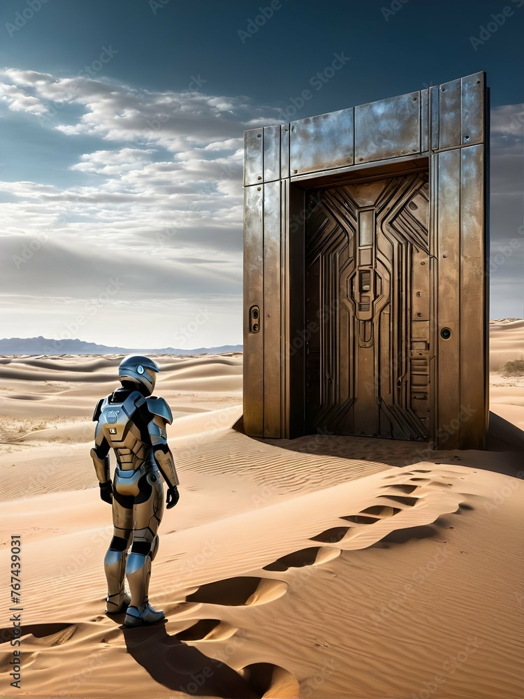 Futuristic Cyborg Standing Before Sand Dunes and Bunker Door in Sci-Fi ...