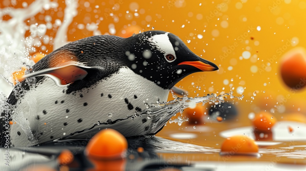 ภาพประกอบสต็อก Surreal emperor penguin amidst splashing waters; vibrant ...