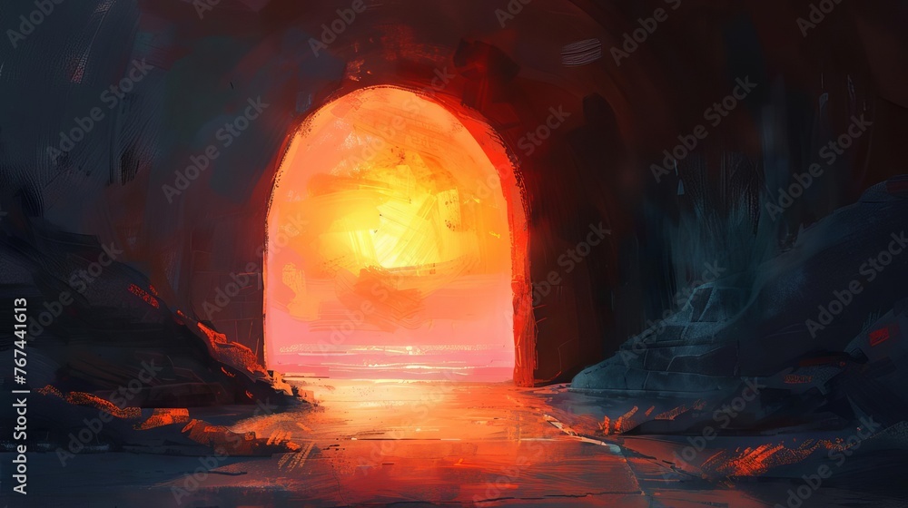 Empty tomb of Jesus Christ illustration - Open grave at sunrise ...
