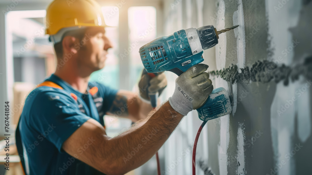 a worker holds a drill in his hands, drills a wall, construction ...