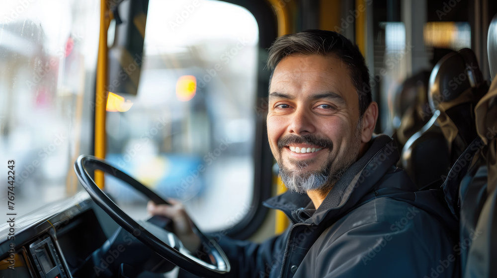 bus driver behind the wheel, smiling man, portrait, face, public ...