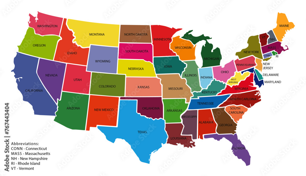 USA vector map with individual colors for each state, isolated on ...