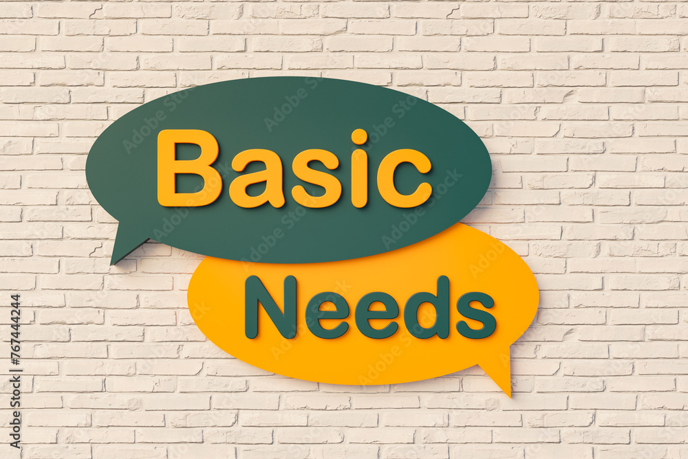 Basic needs. Cartoon speech bubble in yellow and dark green, brick wall ...