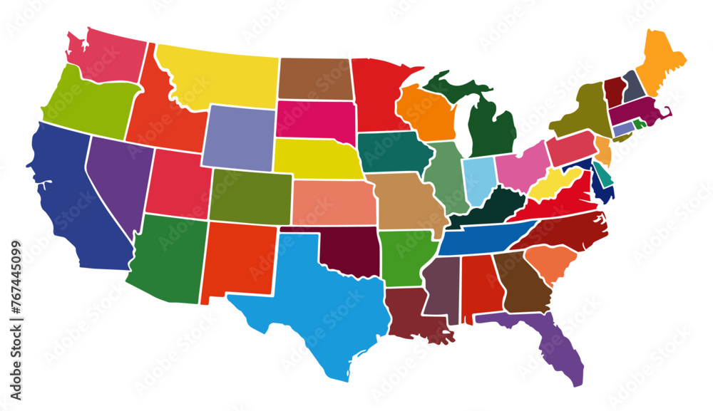 USA vector map with individual colors for each state, isolated on ...