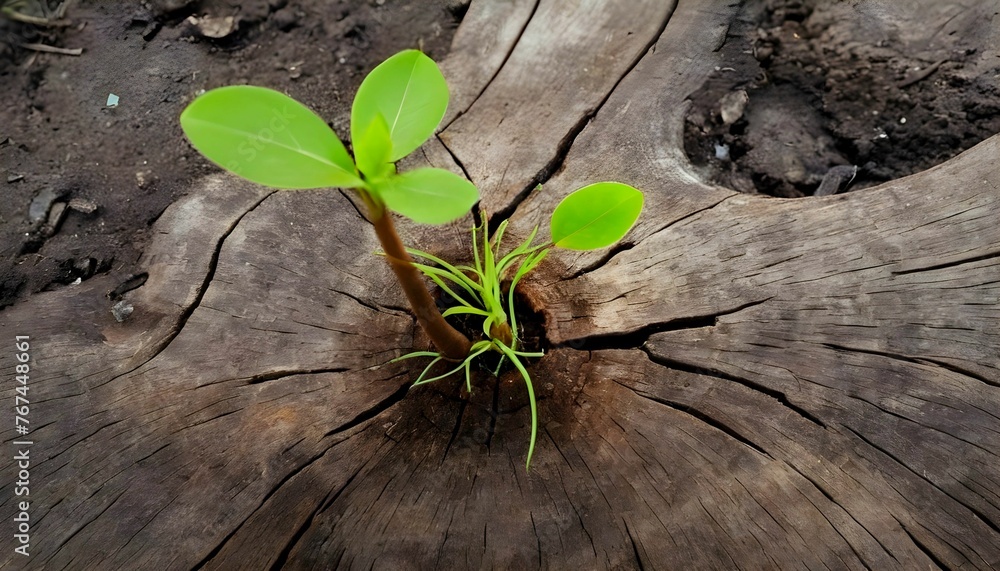 Dead tree stump and small green growing sprout seedling - symbolizing ...
