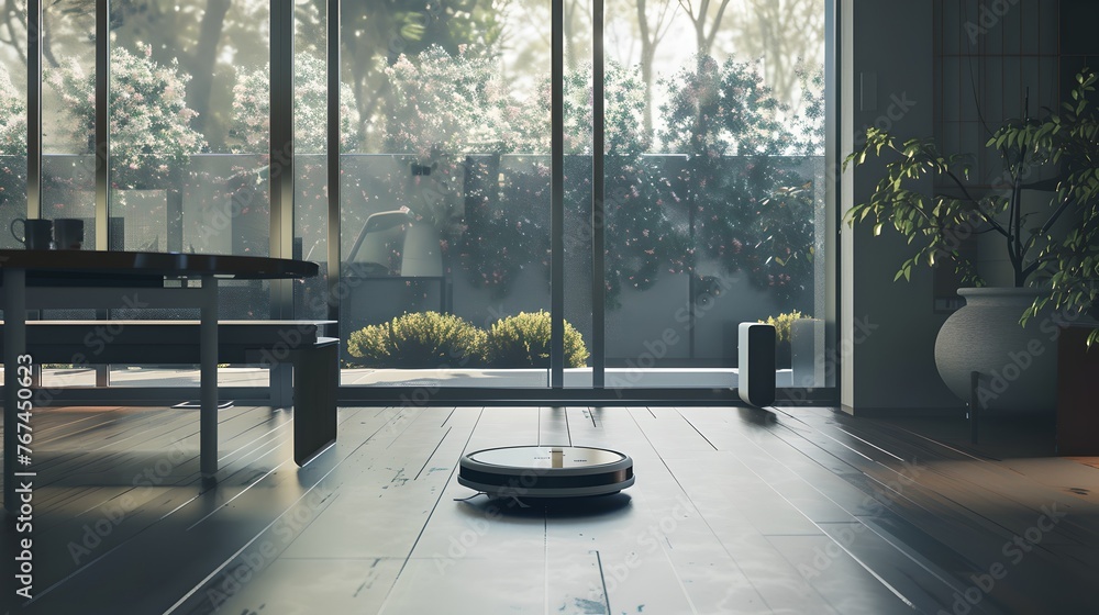 Modern minimalist living room with automated cleaning robot. Serene ...