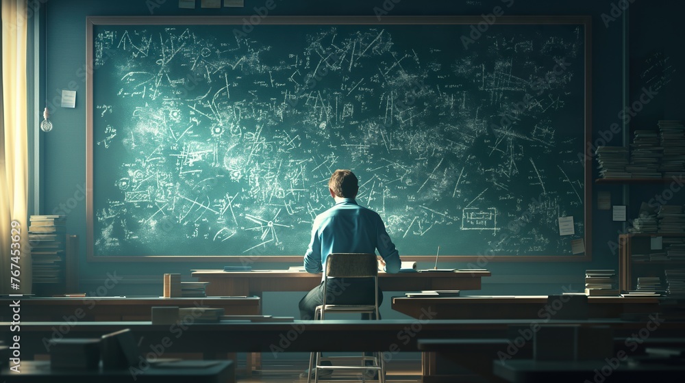 A focused mathematician intensely solves complex equations on a chalkboard, showcasing ...