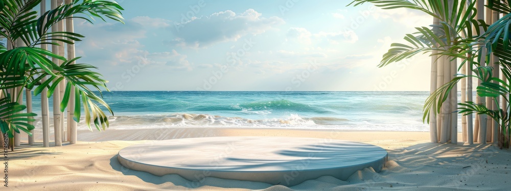 Beach podium summer background sand product 3D sea display platform ...