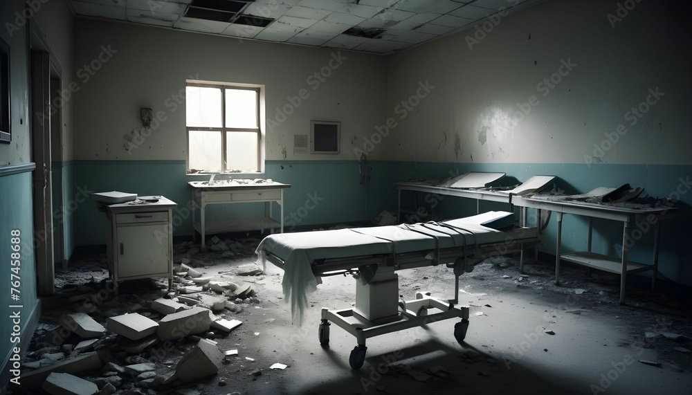 Dim light shining in a ghostly old hospital interior room with ...