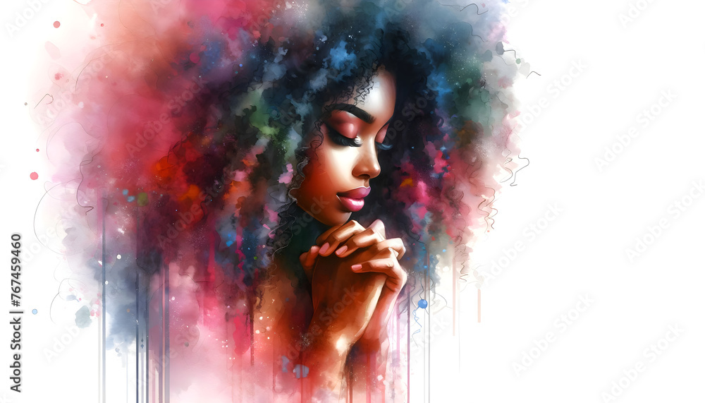 abstract illustration of a stunningly pretty young African american black woman praying with her ...