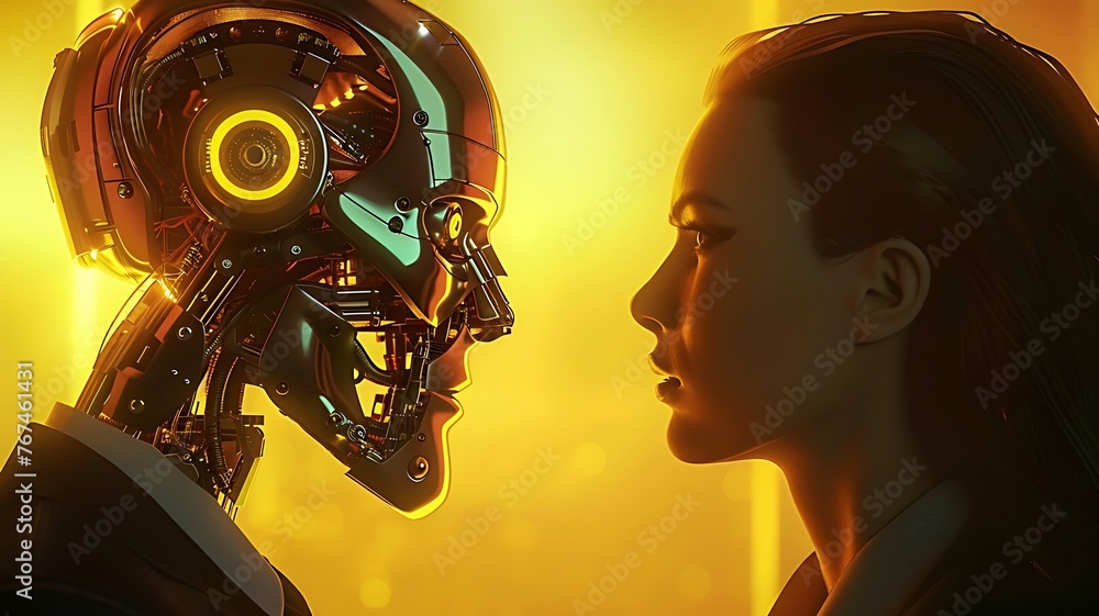 Human & AI Robot Interaction. A businesswoman standing in front of AI ...