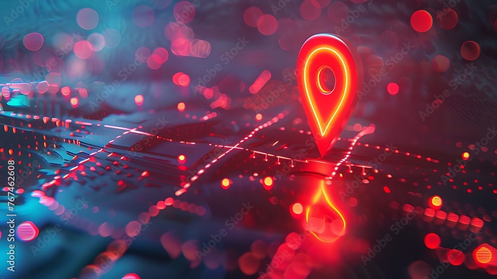 Red map pin in cityscape and network connection, indicating the city ...