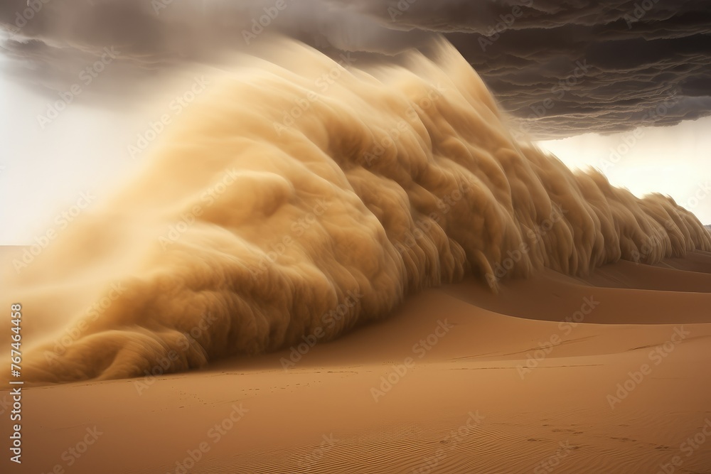 Dangerous sandstorm in desert. Sand dunes and sand storm in desert. hot ...