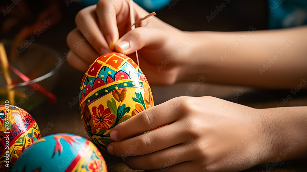 Dive into the joy of Easter egg creation as skilled hands delicately ...