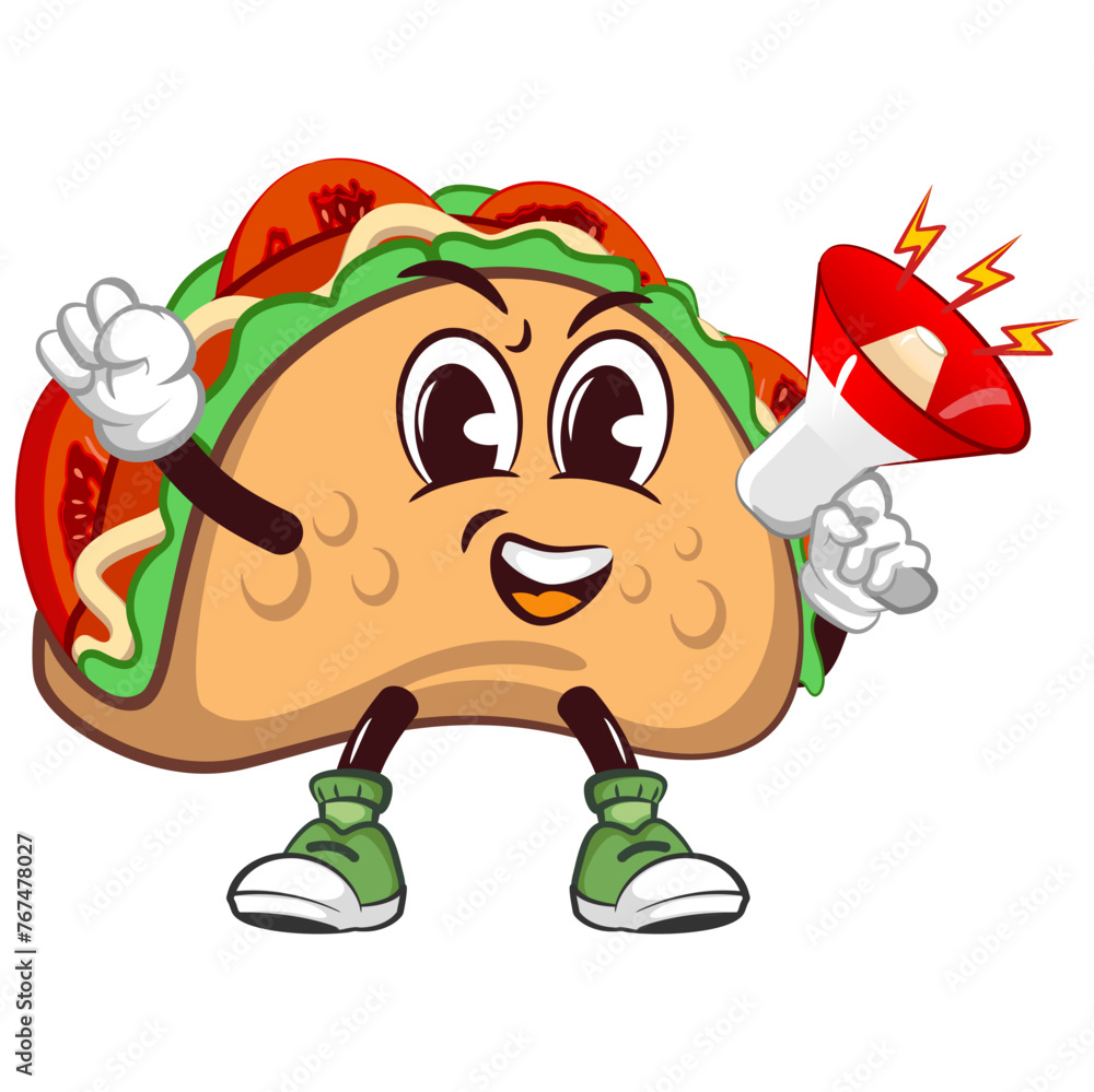 cute taco mascot character emoticon talking loudly with loudspeaker ...