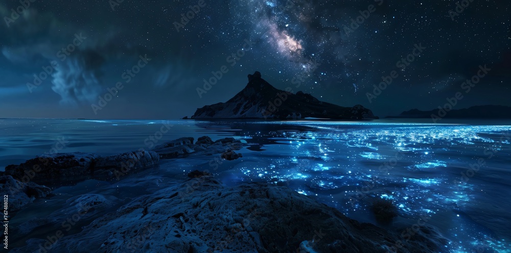 A bioluminescent sea, glowing with turquoise light under the night sky ...