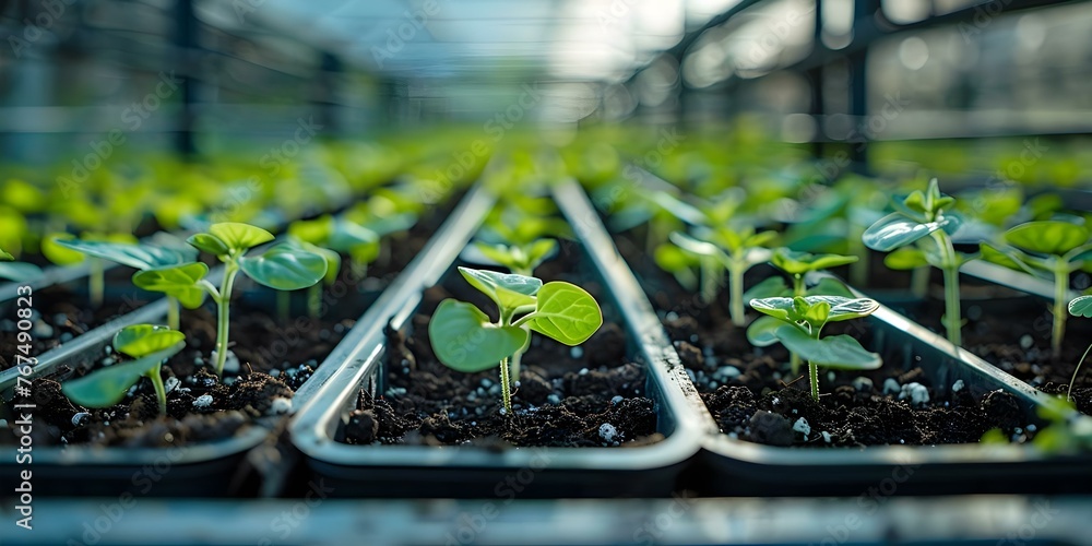 Growing Rows of Seedlings in a Hydroponic Greenhouse. Concept ...