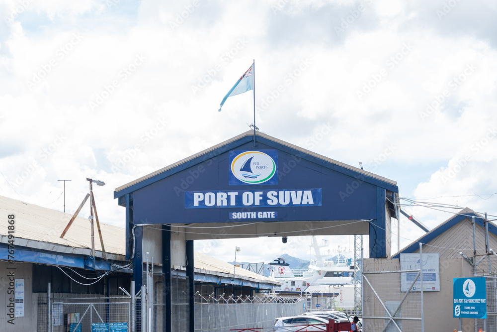 Suva, Fiji - February 27, 2024: The sign of Port of Suva is shown. Suva ...