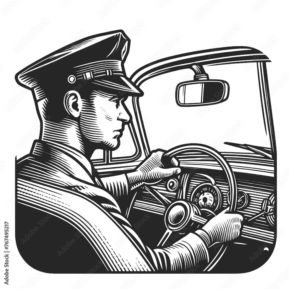 focused vintage police officer or taxi driving classic patrol or taxi ...