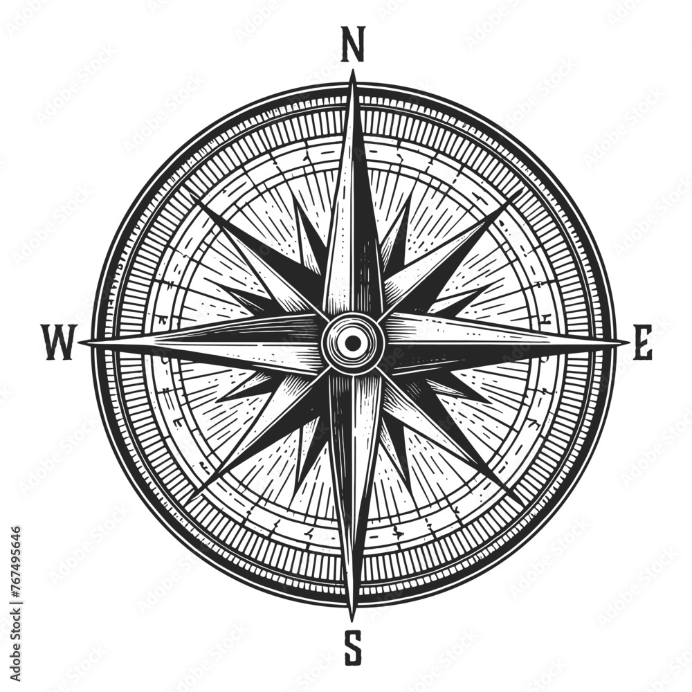 Wind rose Nautical Compass map sketch engraving generative ai fictional ...