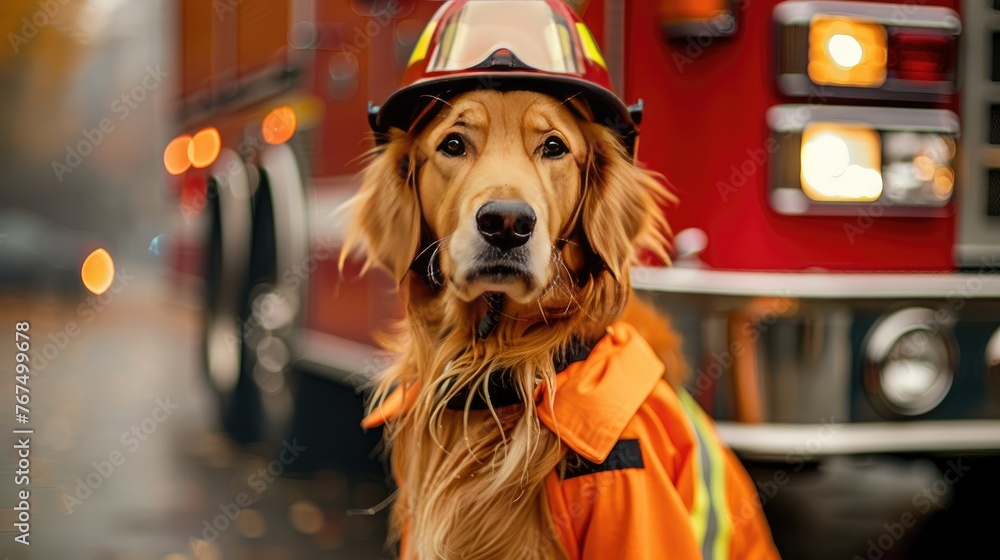 A Golden Retriever dressed as a firefighter complete with a helmet and ...