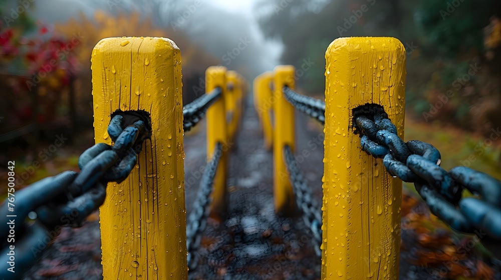 Misty Forest Trail with Yellow Bollards and Rustic Chains: A serene ...