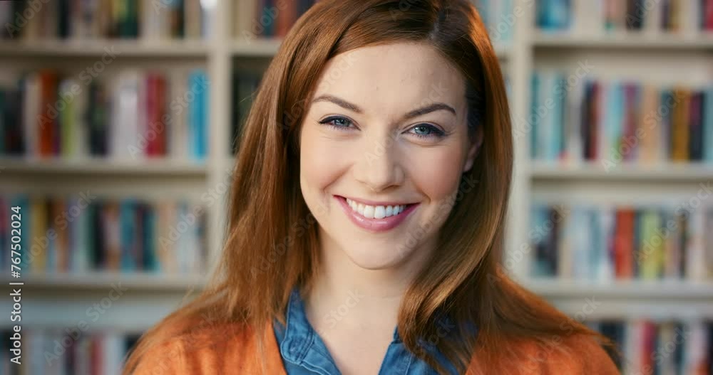 Vidéo Stock Happy, library and face of woman in bookstore for reading ...