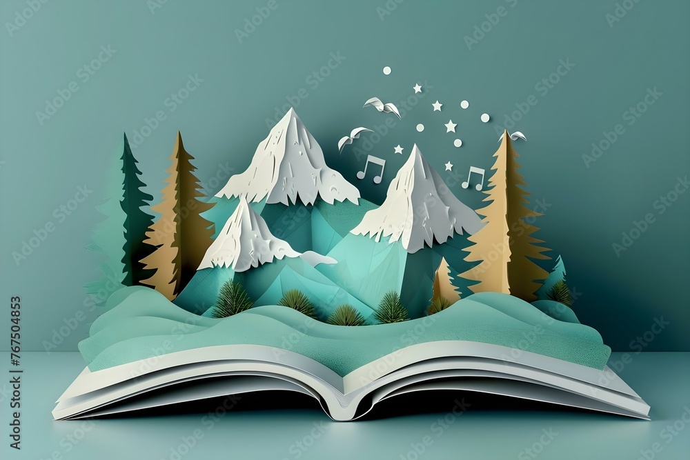 Paper craft of a mountain scene inside an open book featuring trees and ...