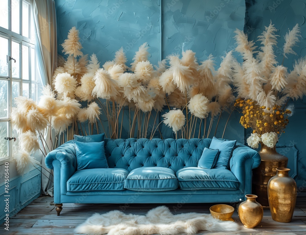 An interior design featuring a living room with a beautiful azure couch ...