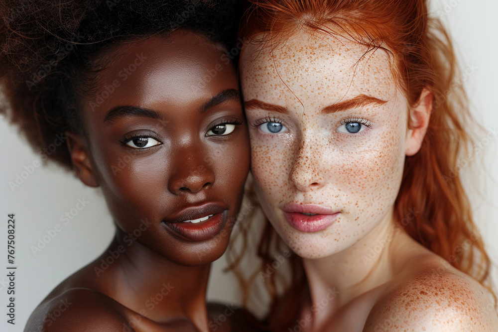 Close up fashion portrait two different races women hugging, black ...