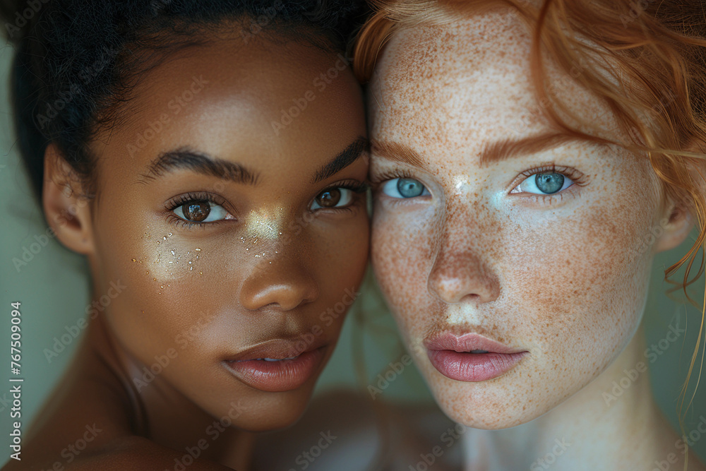 Close up fashion portrait two different races women hugging, black ...