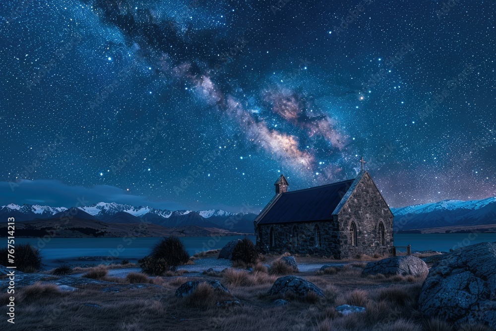 Starry night over a quaint stone church - A serene stone church sits ...