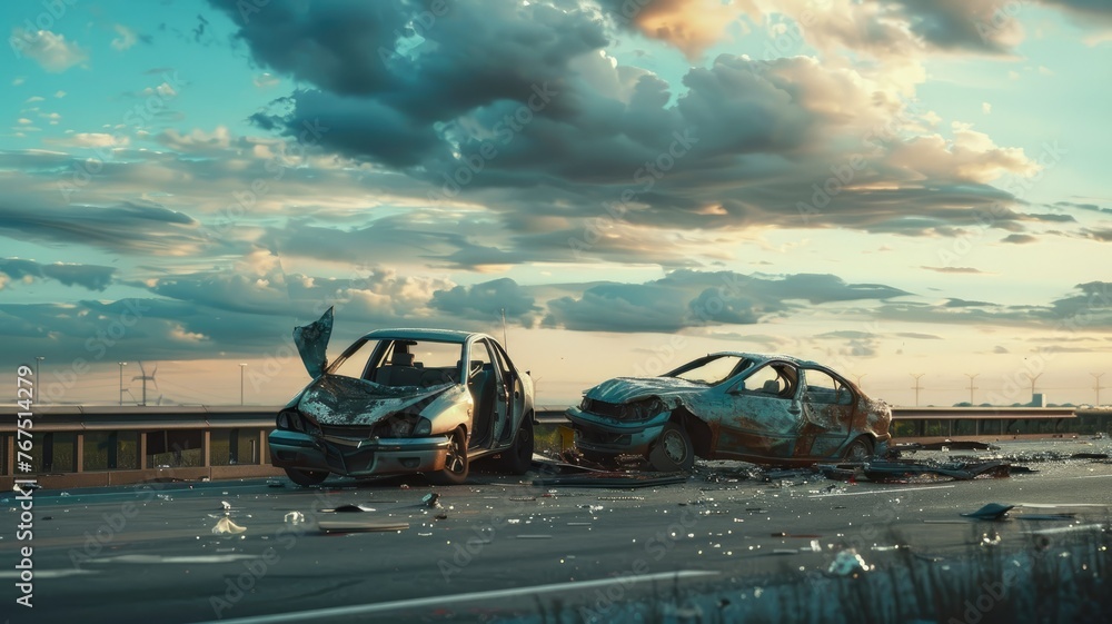 Two cars wrecked in a car crash - An impactful visual of two severely ...