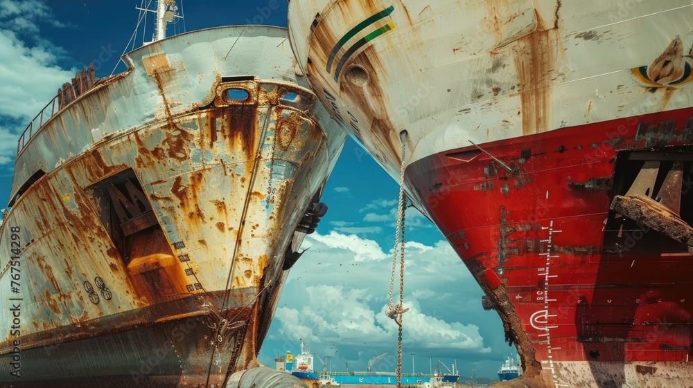 Poster Two old ships colliding at a harbor - The dramatic collision of ...