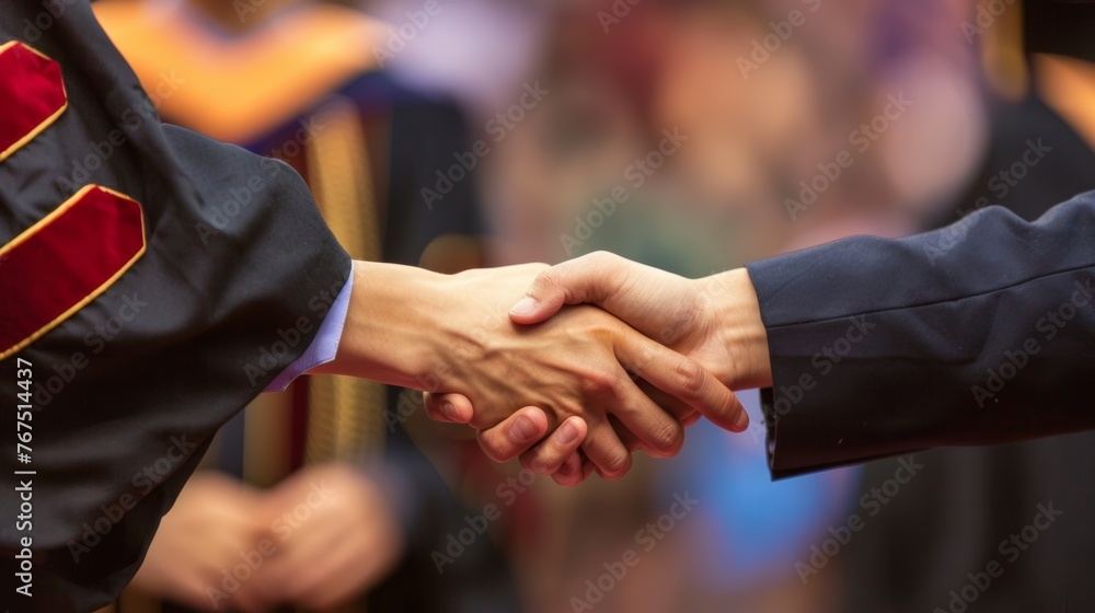 Close-up a graduate's hands shaking hands with a professor, symbolizing ...