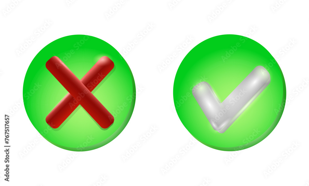 Realistic Right And Wrong 3D Button Vector Illustration. Checkmark ...