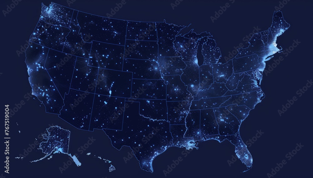 Illuminated map of the United States at night - Glowing connections ...