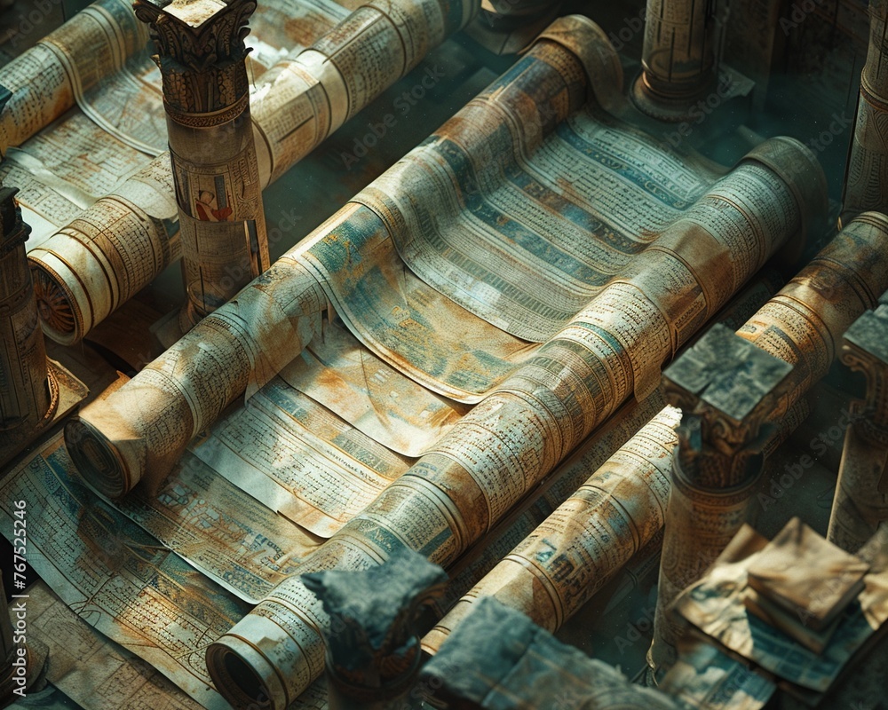 Capture a mesmerizing close-up image of ancient scrolls in the Library ...