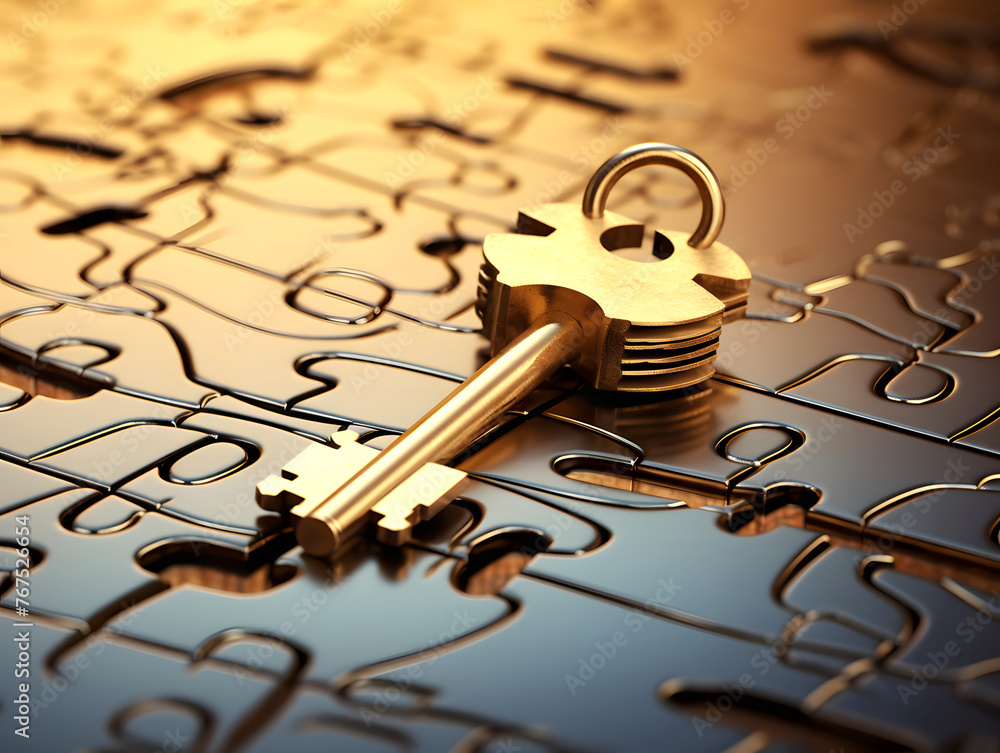 set of gold puzzles with a key. the concept of solving different ...