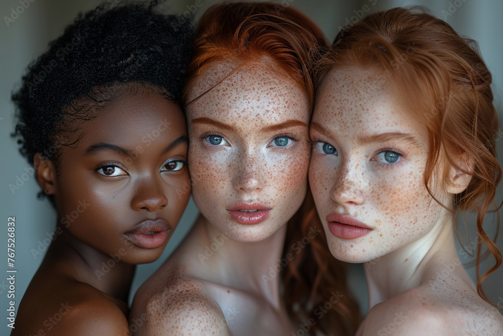 Close up fashion portrait three different races women hugging, black ...