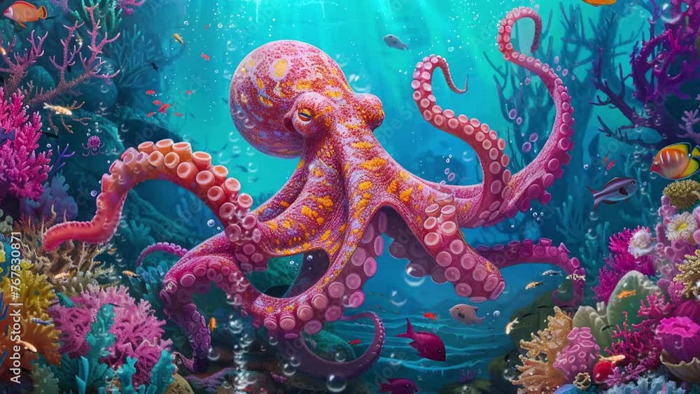 digital painting of a cheerful cartoon octopus swimming. underwater ...