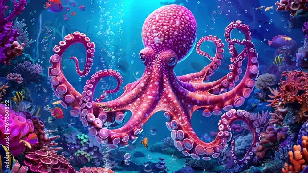 digital painting of a cheerful cartoon octopus swimming. seamless ...