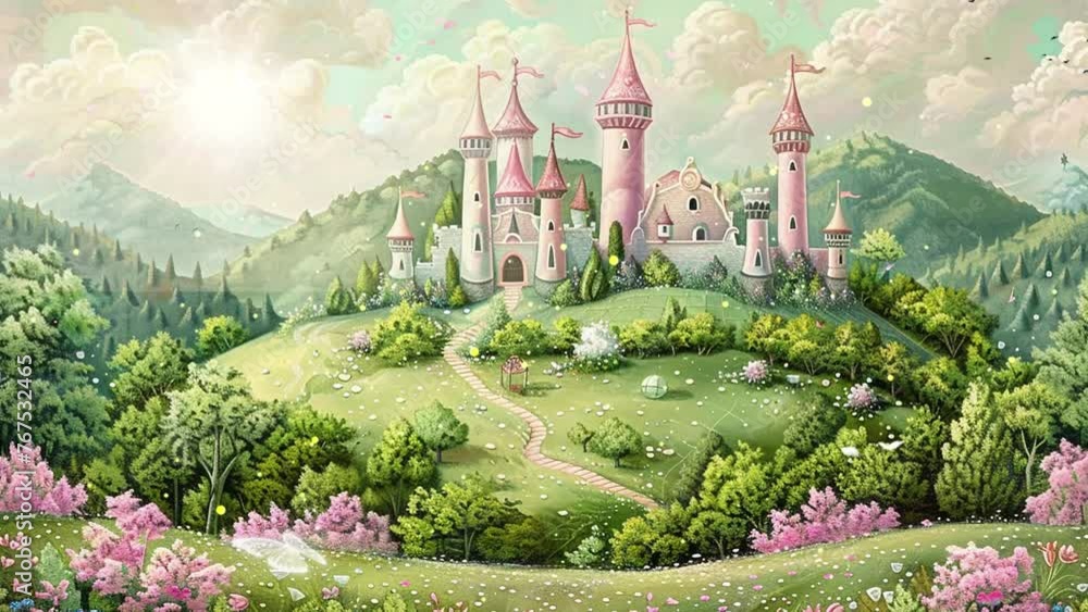 illustration of a whimsical fairytale castle nestled. seamless looping ...