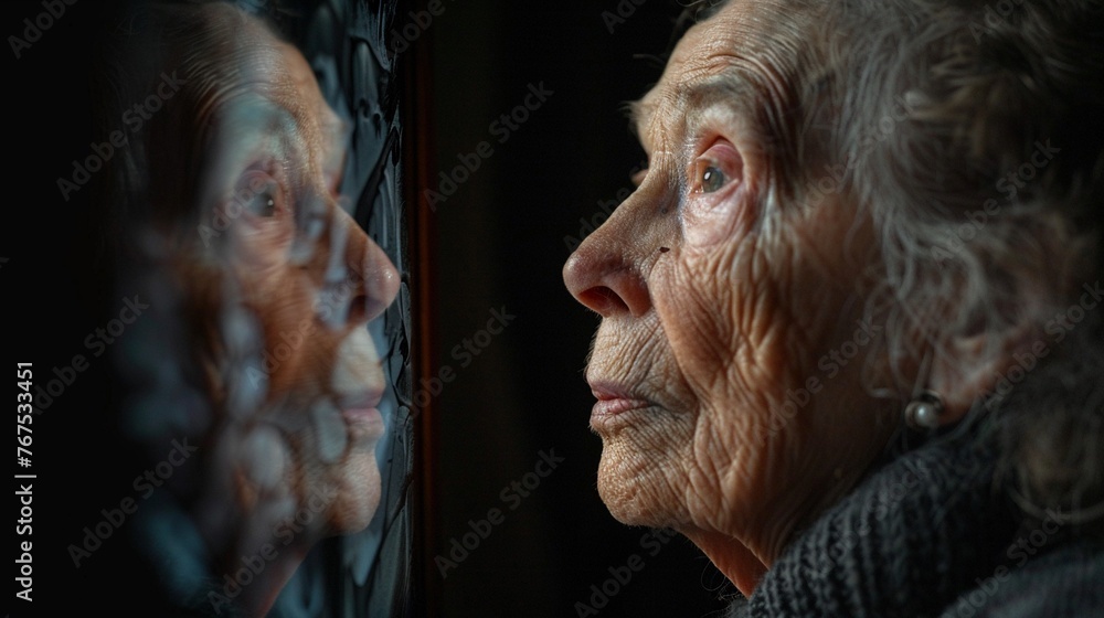 Zoom in on the expressive facial features of an elderly person gazing ...