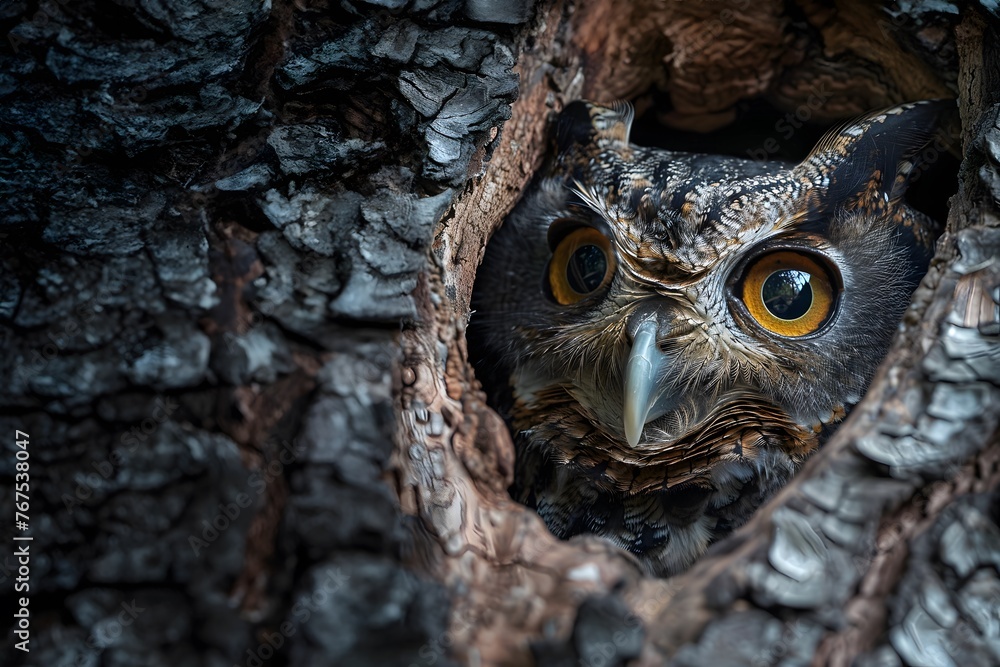 ภาพประกอบสต็อก Close-up illustration of a bright yellow big-eyed owl's ...
