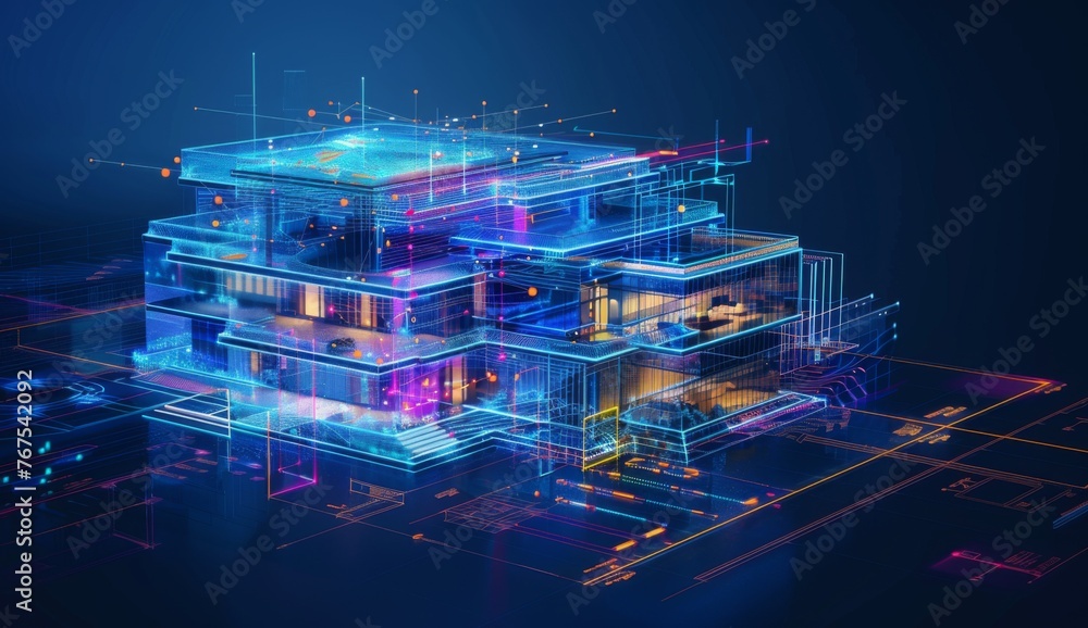 A digital blueprint of an office building with holographic elements ...
