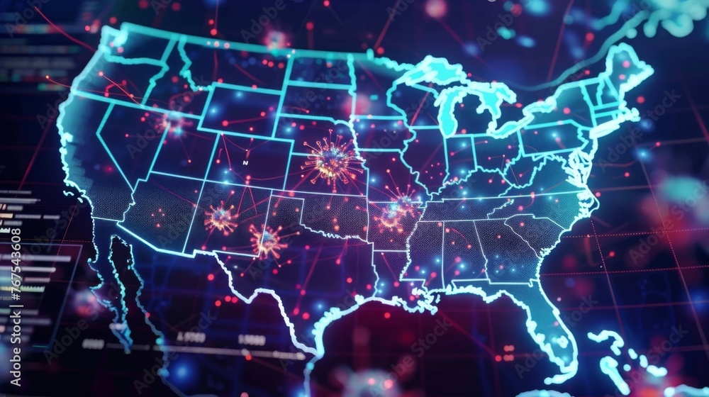 A detailed map of the United States is showcased with all 50 states ...